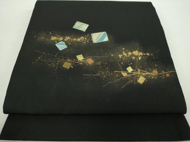 平和屋着物●塩瀬　九寸開き名古屋帯　刺繍　箔散らし　黒地　金彩　正絹　逸品　DABA1341ps