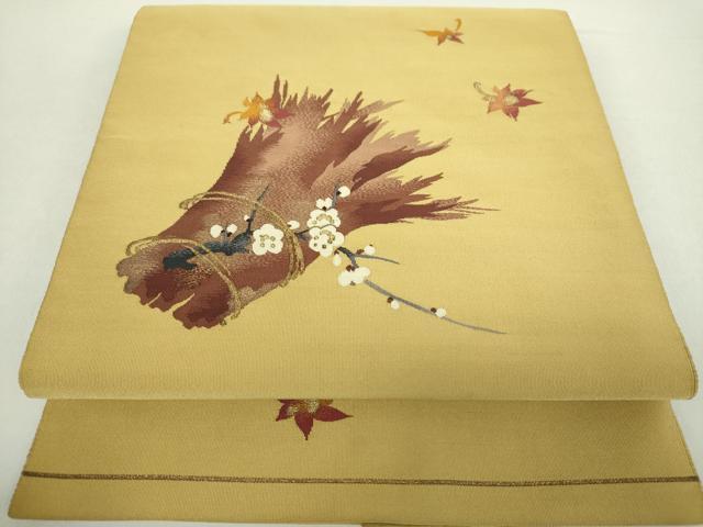 平和屋着物●爪掻き本綴れ　八寸名古屋帯　枝梅　楓　金糸　正絹　逸品　DABA1342ps