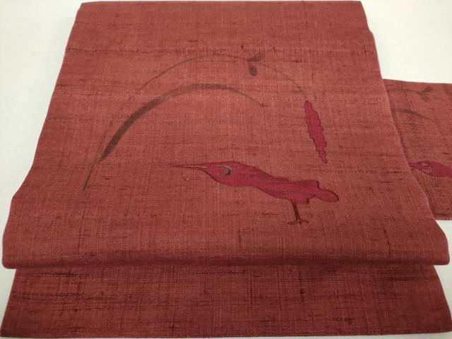 平和屋着物●九寸名古屋帯　生紬　刺繍　手描き　花鳥文　正絹　逸品　DABA1344ps