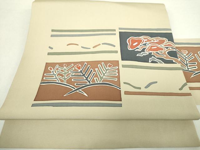平和屋着物●塩瀬　九寸名古屋帯　型染　横段花文　正絹　逸品　DABA1378ps