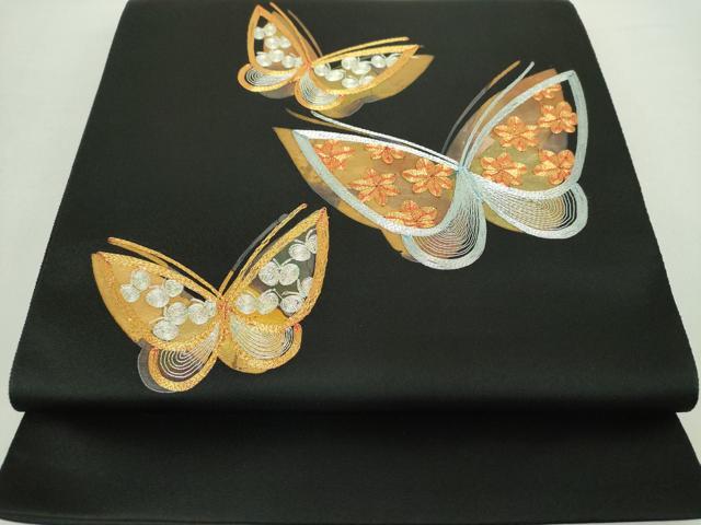 平和屋着物●九寸開き名古屋帯　駒刺繍　総刺繍　舞蝶文　黒地　金銀糸　逸品　未使用　DABA1381ps
