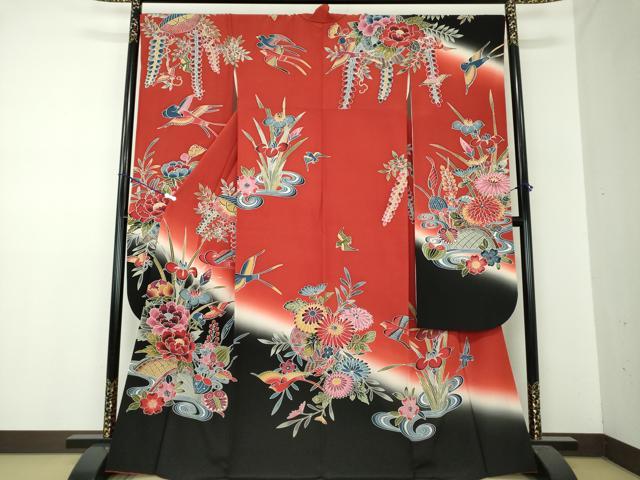 平和屋着物●豪華振袖　型染　流水花鳥文　暈し染め　正絹　逸品　DABA1396ps
