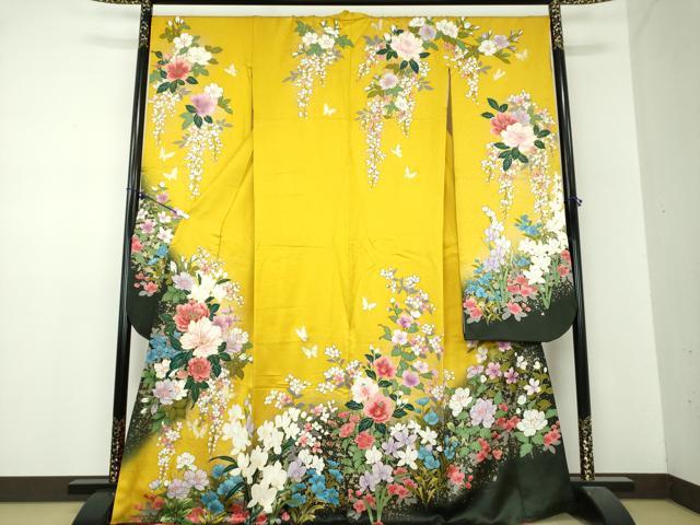 平和屋着物●豪華振袖　駒刺繍　舞蝶花文　暈し染め　金彩　正絹　逸品　DABA1475ps