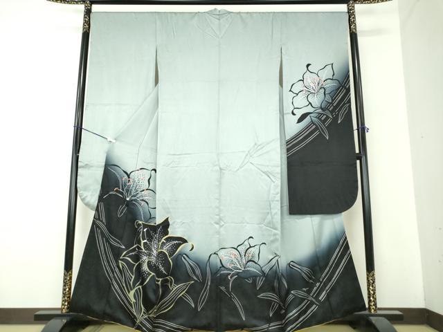 平和屋着物●豪華振袖　百合　暈し染め　銀彩　銀通し地　正絹　逸品　DABA1476ps