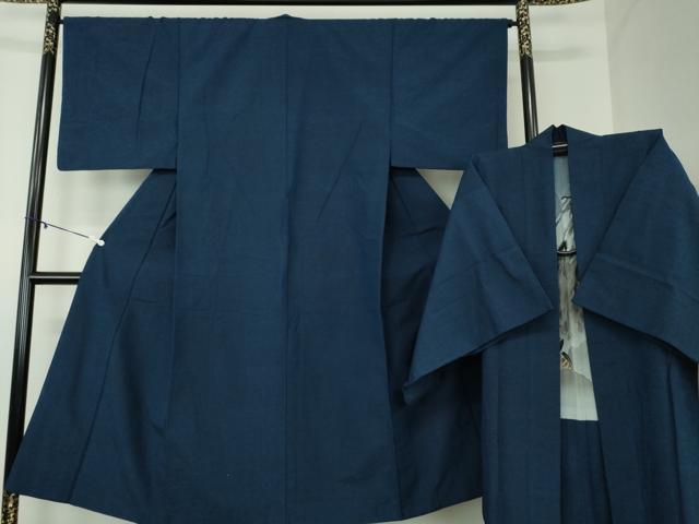 平和屋着物●男性　紬　アンサンブル　色無地　紺地　正絹　逸品　DABA1498ps