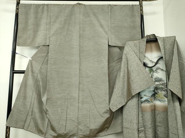 平和屋着物●男性　紬　アンサンブル　キングサイズ　長羽織・髭紬　鈍色　正絹　逸品　DABA1501ps