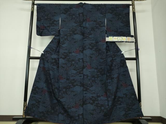 平和屋着物●越後結城紬　100亀甲　雲取り風景花文　証紙付き　正絹　逸品　未使用　DABA1507ps