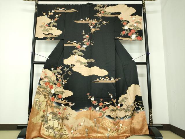 平和屋着物●訪問着　駒刺繍　雲取り籬花文　黒地　暈し染め　金彩　やまと誂製　正絹　逸品　未使用　DABA1550ps