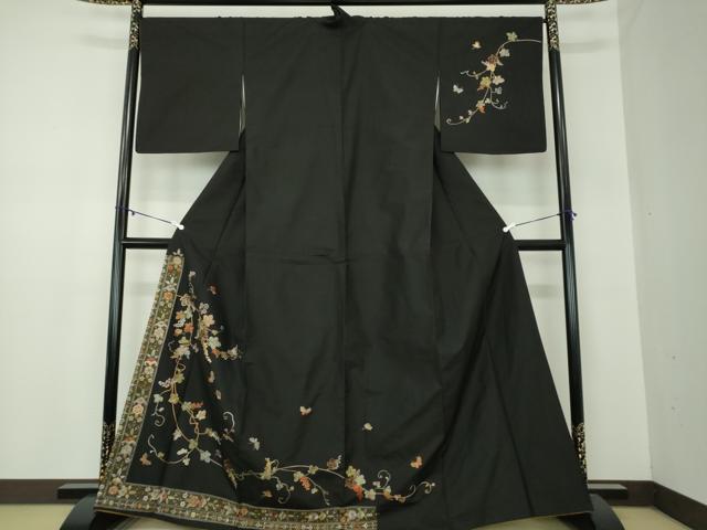 平和屋着物●中国三大刺繍　スワトウ刺繍　汕頭刺繍　総刺繍　訪問着　舞蝶葡萄蔦の葉文　金糸　正絹　逸品　DABA1553ps