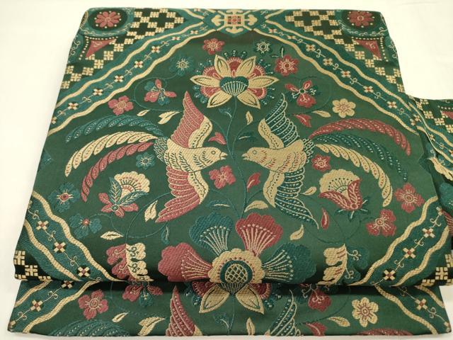 平和屋着物●アンティーク　大正ロマン　全通柄九寸名古屋帯　向かい鳥花文　引き抜き帯　正絹　逸品　未使用　DABA6003op