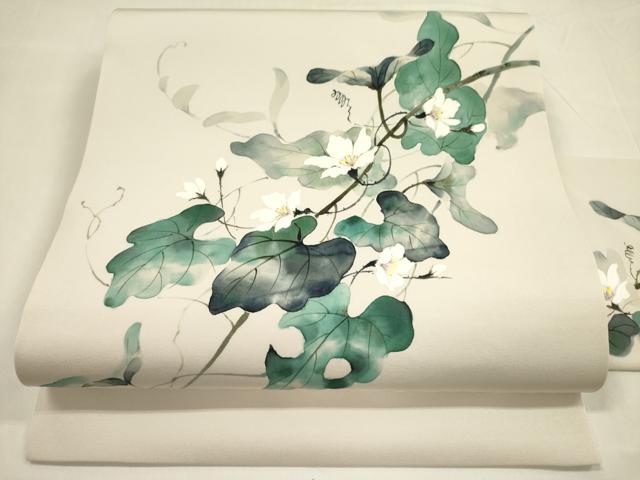 平和屋着物●塩瀬　九寸名古屋帯　作家物　手描き　草花　正絹　逸品　DABA6015op