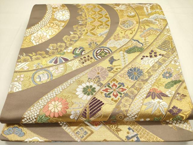 平和屋着物●六通柄袋帯　唐織　綾袖錦　宝尽くし花文　金糸　正絹　逸品　DABA6063op