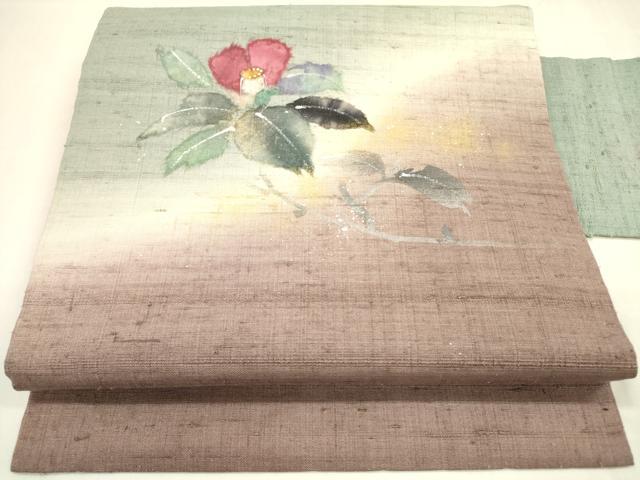 平和屋着物●九寸名古屋帯　手描き　紬地　草花文　金彩　正絹　逸品　DABA6085op