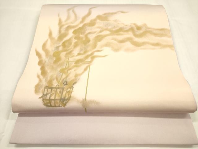 平和屋着物●塩瀬　九寸開き名古屋帯　手描き　焚火　金彩　正絹　逸品　DABA6088op