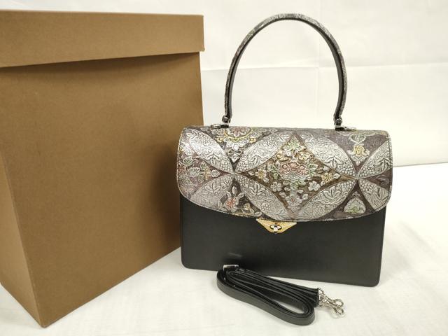 平和屋本店■和装小物　バッグ　金唐革　型押し　ハンドバッグ　七宝花文　ショルダー紐・箱付き　逸品　DZAA10997kh5