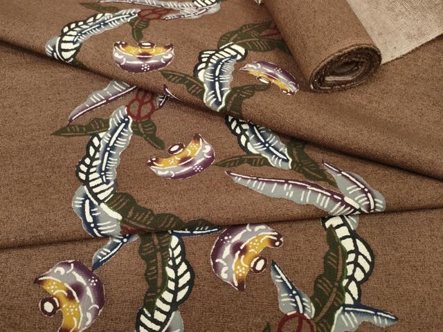 平和屋本店■極上　本場琉球紅型　名古屋帯　帯反物　紬地　草花　焦茶色　共箱付き　逸品　未使用　DZAA11132kh5