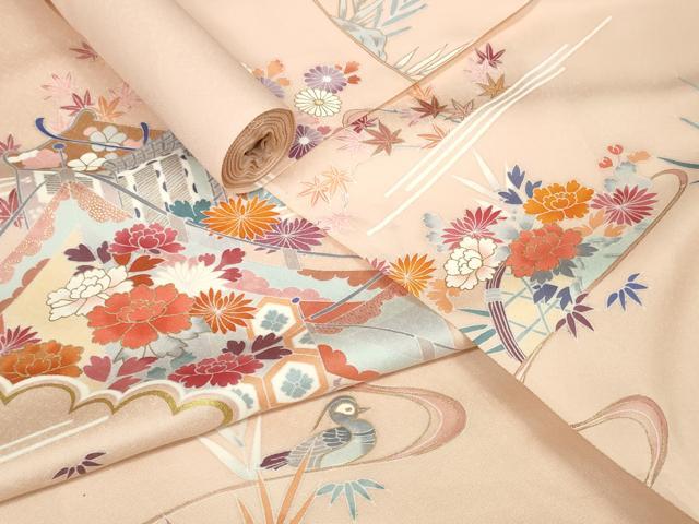 平和屋本店●極上　極上　創業460年・千總　付下げ　反物　着尺　御所車花鳥文　金彩　逸品　未使用　DZAA11136kh5