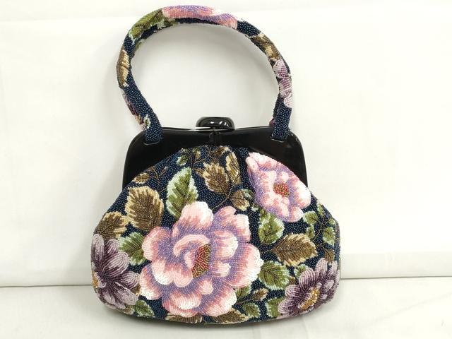 平和屋本店■和装小物　ビーズバッグ　和装バッグ　草花　がま口　持ち手付き　レトロ　逸品　DZAA11180kh5