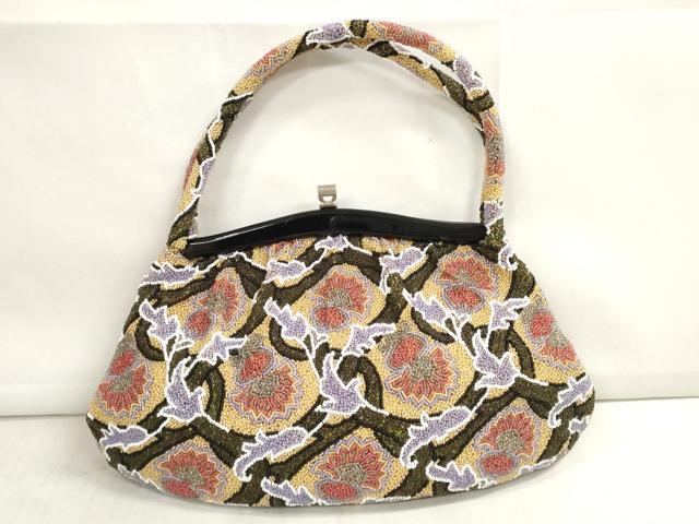 平和屋本店■和装小物　ビーズバッグ　和装バッグ　手刺繍　更紗紋様　がま口　持ち手付き　大容量　レトロ　逸品　DZAA11206kh5