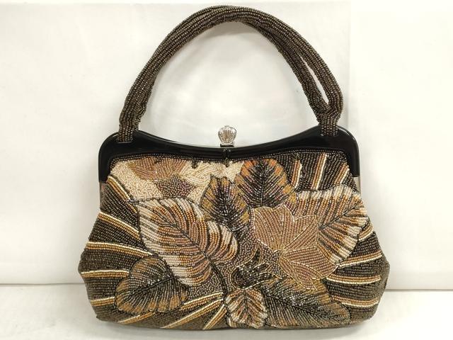 平和屋本店■和装小物　ビーズバッグ　和装バッグ　葉重ね　がま口　持ち手付き　レトロ　逸品　DZAA11207kh5