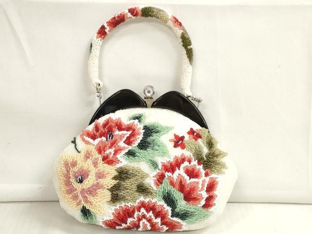 平和屋本店■和装小物　ビーズバッグ　和装バッグ　草花　がま口　持ち手付き　レトロ　逸品　DZAA11210kh5