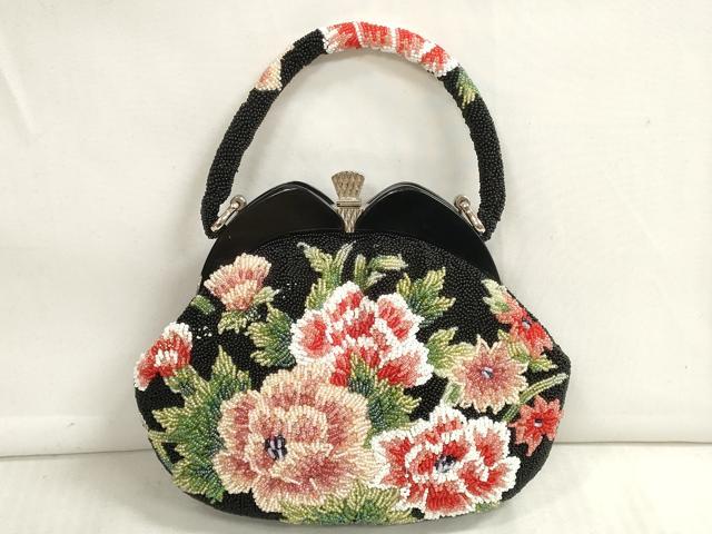 平和屋本店■和装小物　ビーズバッグ　和装バッグ　草花　がま口　持ち手付き　レトロ　逸品　DZAA11211kh5