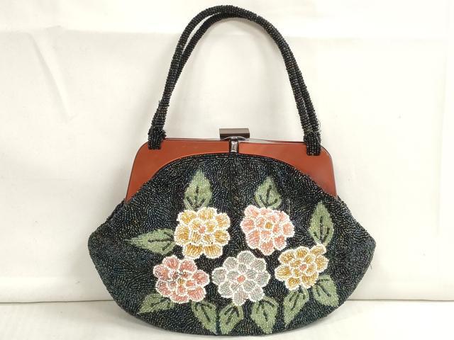 平和屋本店■和装小物　ビーズバッグ　和装バッグ　草花　がま口　持ち手付き　レトロ　逸品　DZAA11212kh5