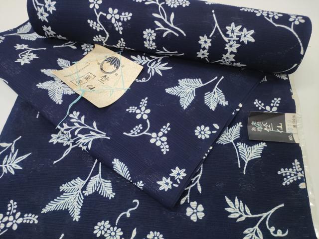 平和屋本店■夏物　竺仙鑑製　浴衣　反物　着尺　綿絽　草花　紺地　証紙付き　綿　逸品　未使用　DZAA11286kh5