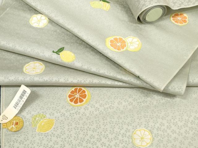 平和屋本店●極上　西陣　岡文織物謹製　名古屋帯　帯反物　レモン　檸檬　グレープフルーツ　果物　証紙付き　逸品　未使用　DZAA11579kh6