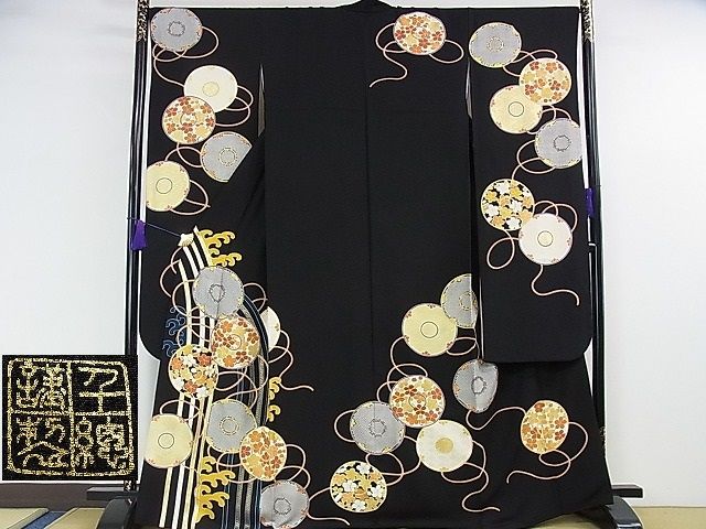平和屋本店■極上　創業460年・千總　振袖　駒刺繍　鏡裏文　黒地　金彩　高島屋扱い　逸品　DZAA1315kh4