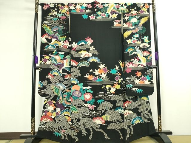 平和屋本店■極上　アンティーク　大正ロマン　振袖　駒刺繍　立波飛鶴花文　黒地　金糸　逸品　DZAA2187kh4