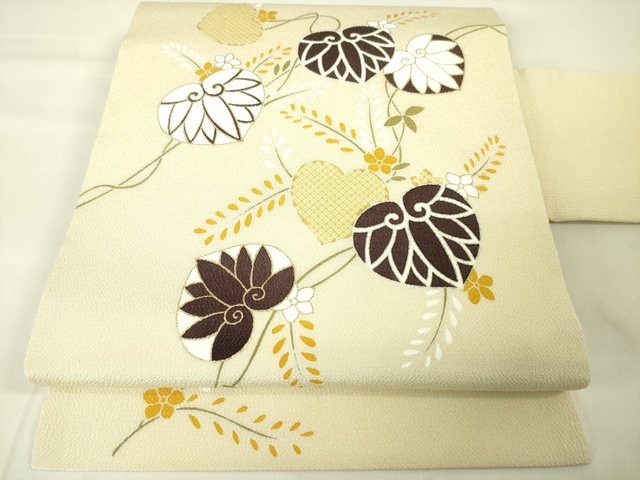 平和屋本店■極上　工芸キモノ野口　九寸名古屋帯　葵　薄卵色　金彩　鬼しぼ縮緬　逸品　未使用　DZAA2352kh4