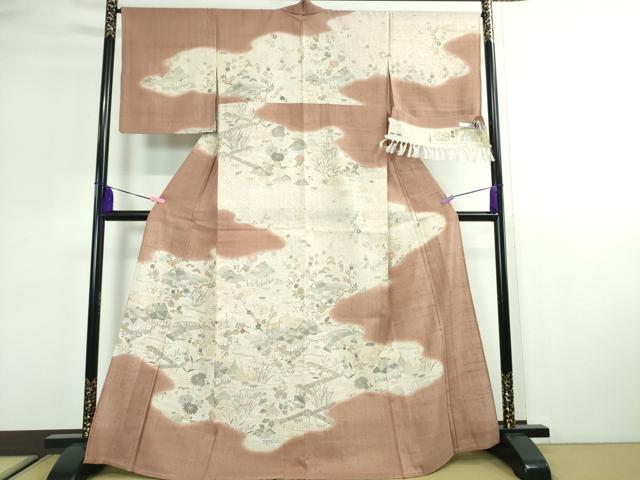 平和屋本店■極上　染織の名門　しょうざん  生紬　訪問着　単衣　渡橋風景花文　洗朱色地　証紙付き　逸品　DZAA2529kh5