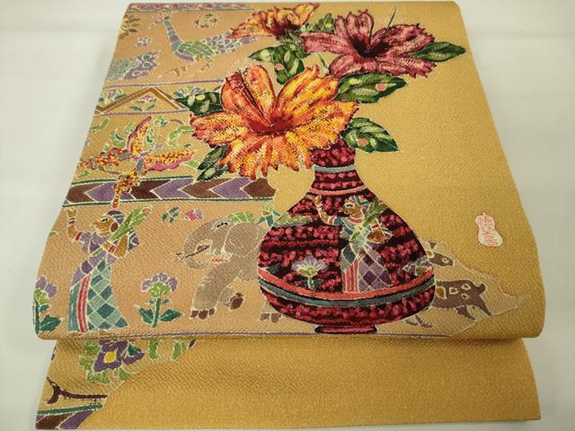 平和屋本店■極上　名門・上野家　上野街子　清染居　九寸開き名古屋帯　花瓶　人物鳥獣文　鬼しぼ縮緬　逸品　DZAA2594kh5