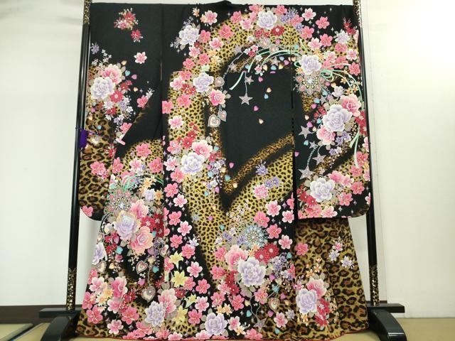 平和屋本店■極上　振袖　ヒョウ柄　薔薇　宝石　黒地　金糸　銀通し地　逸品　DZAA2967kh5