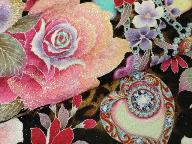 平和屋本店□極上 振袖 ヒョウ柄 薔薇 宝石 黒地 金糸 銀通し地 逸品