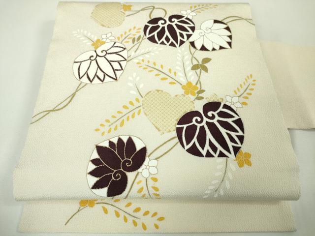 平和屋本店■極上　工芸キモノ野口　九寸名古屋帯　葵　金彩　象牙色地　鬼しぼ縮緬　逸品　未使用　DZAA3116kh5