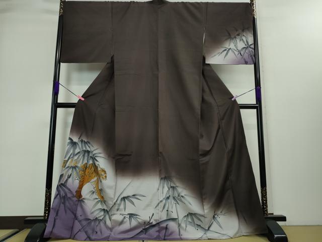 平和屋本店■極上　訪問着　白山紬地　手描き　虎　トラ　笹竹　逸品　DZAA3183kh5