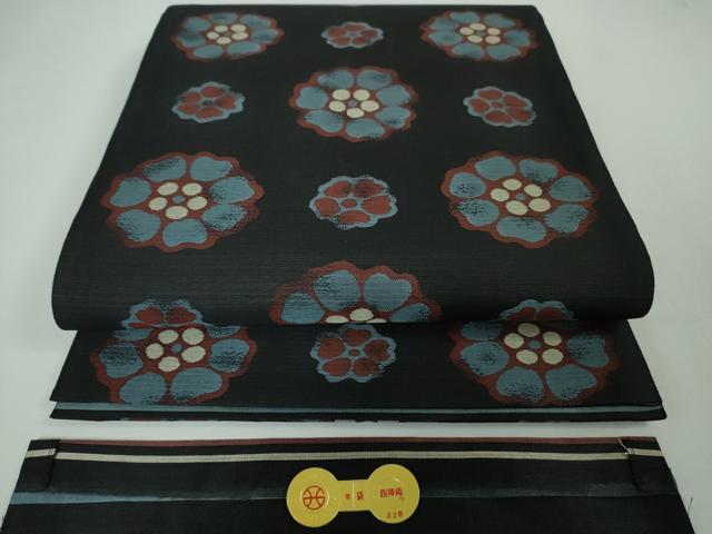 平和屋本店■極上　西陣　木野織物　菱屋善兵衛謹製　両面　六通柄袋帯　舞花文　横縞　黒地　証紙付き　逸品　未使用　DZAA3305kh5