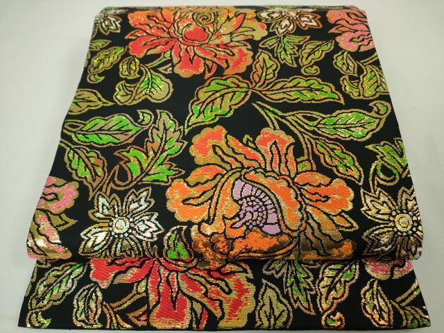平和屋本店■極上　龍村美術織物　たつむら　九寸開き名古屋帯　印金　牡丹　黒地　金糸　逸品　未使用　DZAA3512kh5
