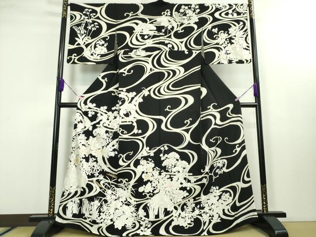 平和屋本店■極上　訪問着　手刺繍　流水吉祥花松文　黒地　金糸　逸品　DZAA3554kh5