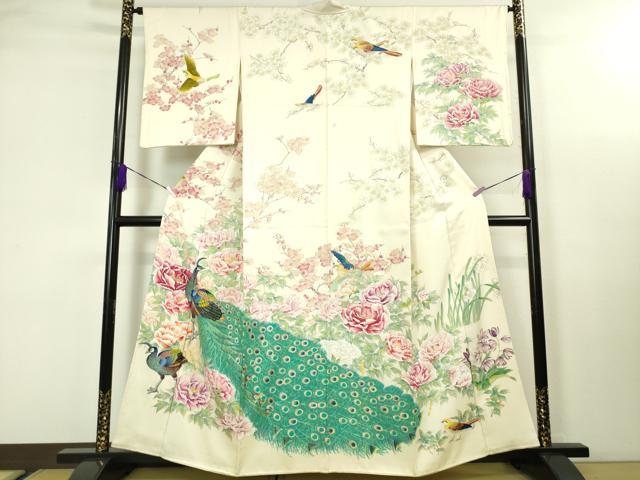 平和屋本店■希少　訪問着　刺繍　手描き　孔雀　鶯　鳥　花　象牙色地　逸品　DZAA3596kh5