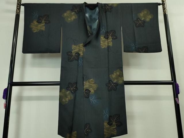 平和屋本店■極上　道行コート　ロング丈　舞葉文　青褐色地　金彩　逸品　DZAA3616kh5