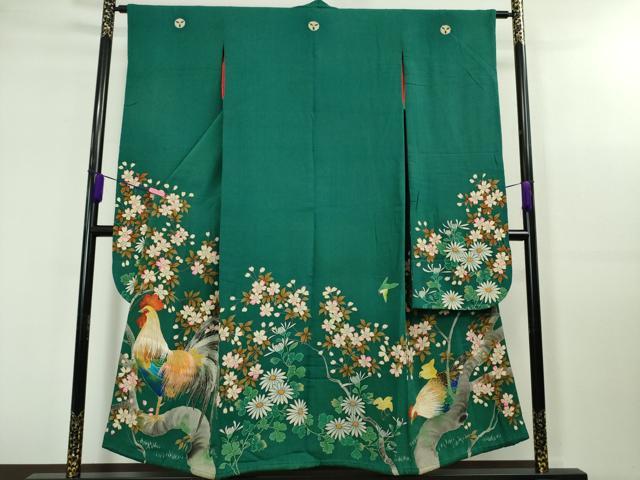 平和屋本店■希少 アンティーク 大正ロマン 振袖 手刺繍 相良刺繍　にわとり　ヒヨコ　舞蝶　縮緬地　天鵞絨色地　金糸　逸品　DZAA3625kh5