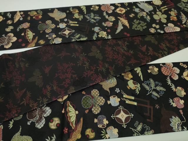 平和屋本店■極上　伝統工芸士　新井寛　両面　半幅帯　唐織　松鶴文様宝尽くし　黒地　逸品　未使用　DZAA3640kh5