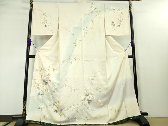 平和屋本店■極上　訪問着　手縫い仕立て　枝花文　薄卵色地　暈し染め　逸品　未使用　DZAA3751kh5