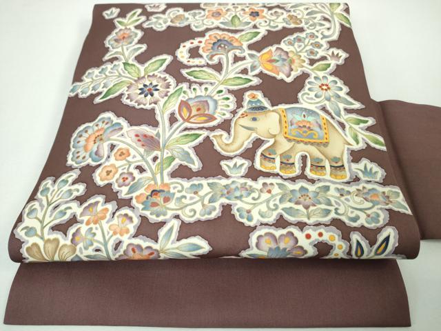 平和屋本店●極上　岡重謹製　OKAJIMA　塩瀬　九寸名古屋帯　象　ゾウ　更紗花文　京紫色地　金彩　逸品　DZAA3811kh5