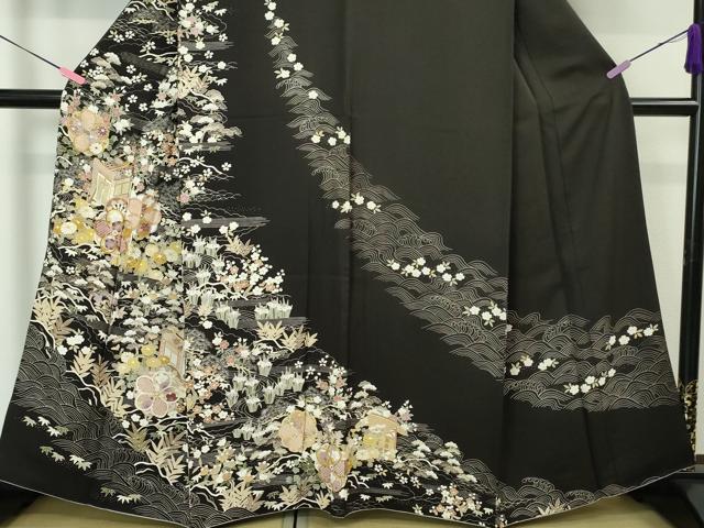 平和屋本店□極上 訪問着 刺繍 御所車吉祥花文 鳥羽色地 金糸