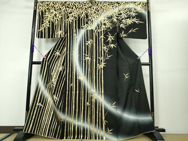 平和屋本店■極上　訪問着　笹竹文　黒地　暈し染め　金銀彩　銀通し地　さが美扱い　逸品　DZAA3914kh5