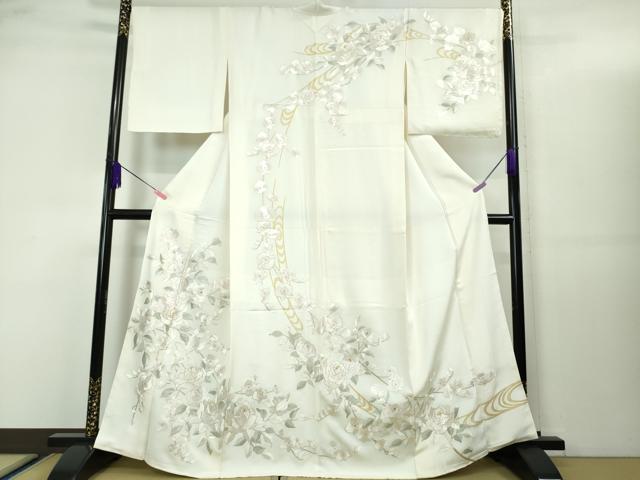 平和屋本店■極上　訪問着　総手刺繍　駒刺繍　胡蝶蘭　薔薇　象牙色地　金糸　逸品　未使用　DZAA3915kh5